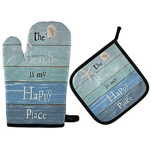 Summer Beach Seashell Oven Mitts and Pot Holders Sets Heat Resistant Non Slip Starfish Tropical Oven Gloves Hot Pads Insulated Washable for Cooking Baking BBQ Decorative Kitchen Gift