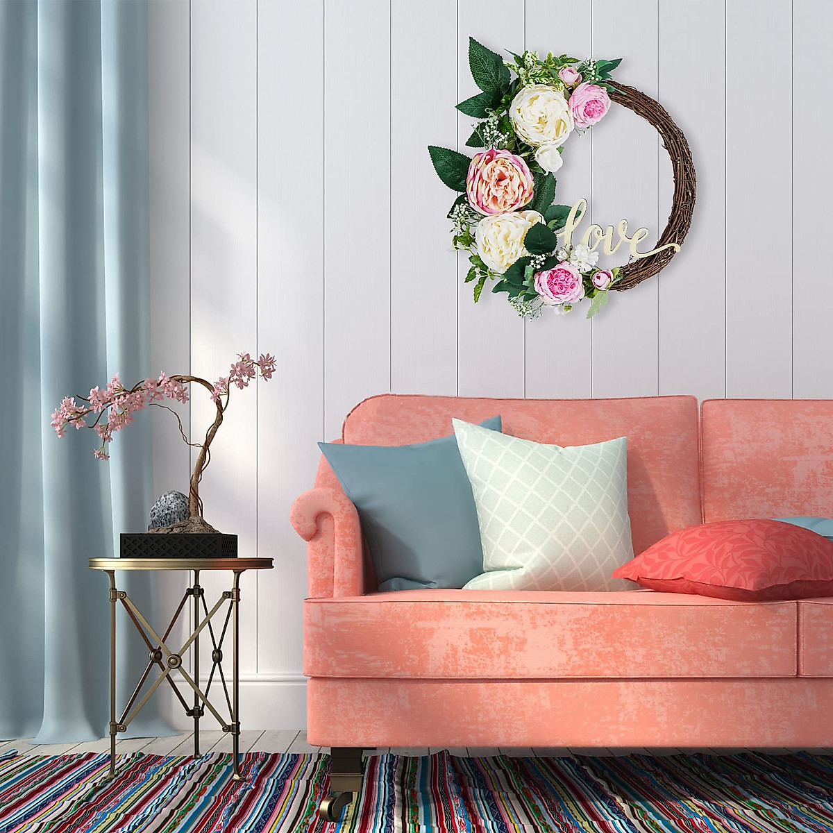 Martine Mall 14In Artificial Peony Flower Wreath Half Circle Wreath Front Door Wreath for Spring Summer Floral Wreath with Eucalyptus Leaves Home Garden Party Wedding Mother Valentines Day Decor