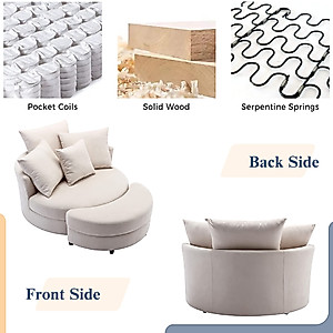 Yehha Sofa 360 Swivel Top Barrel Storage Ottoman & 4 Pillows, Modern Linen Leisure Chair Round Accent for Living Room Bedroom, Creamy White