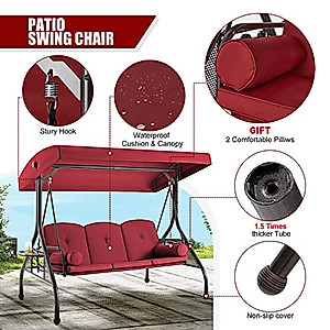 GYUTEI 3-Seat Outdoor Patio Swing Chair,Porch Swing Chair with Adjustable Backrest and Canopy,Outdoor Porch Swing Glider Chair,w/Cushions,Pillows and Cup Holders for Porch, Backyard(Wine RED)