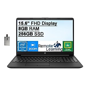HP 2021 15.6" FHD IPS Laptop Computer, Intel Celeron N4020 Processor, 8GB DDR4 RAM, 256GB SSD, Intel UHD Graphics, 1 Year Office 365, Webcam, HDMI, Bluetooth, Win 10S, Black, 32GB SnowBell USB Card