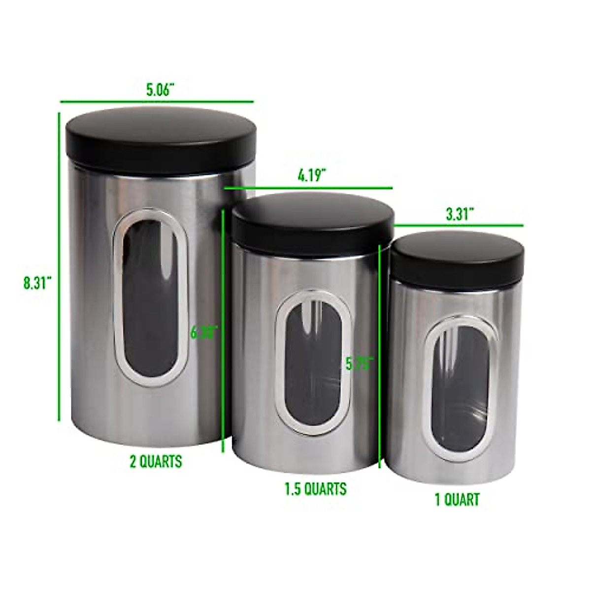 Mind Reader 3 Piece Canister Set, 1, 1.5, 2 Quart, Silver with Black