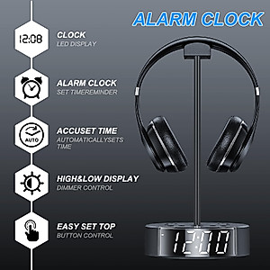 ZEAGUS Headphone Stand with Alarm Clock, Gaming Headphone Stand for Desk,Headphone Holder with 2 USB Charging Ports and 2 Power Outlets,Headset Stand Suitable for All Earphone Accessories
