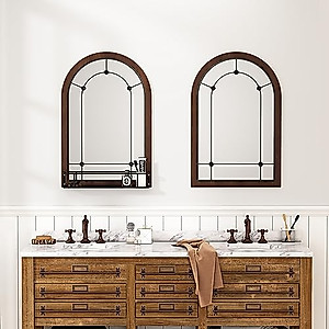 AZODY Arched Window Wall Mirror with Shelf, 36''x24'' Brown Hanging Entryway Mirror, Decorative Mirrors for Wall Decor, Living Room, Bathroom Vanity