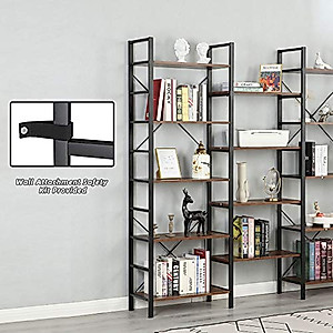 MELLCOM Triple Wide 5 Tier Industrial Bookshelf, 14 Open Storage Cubes, Vintage Wood Bookcase, Cube Bookshelf with Antique Wood and Metal Frames for Living Room, Bedroom & Office, Brown