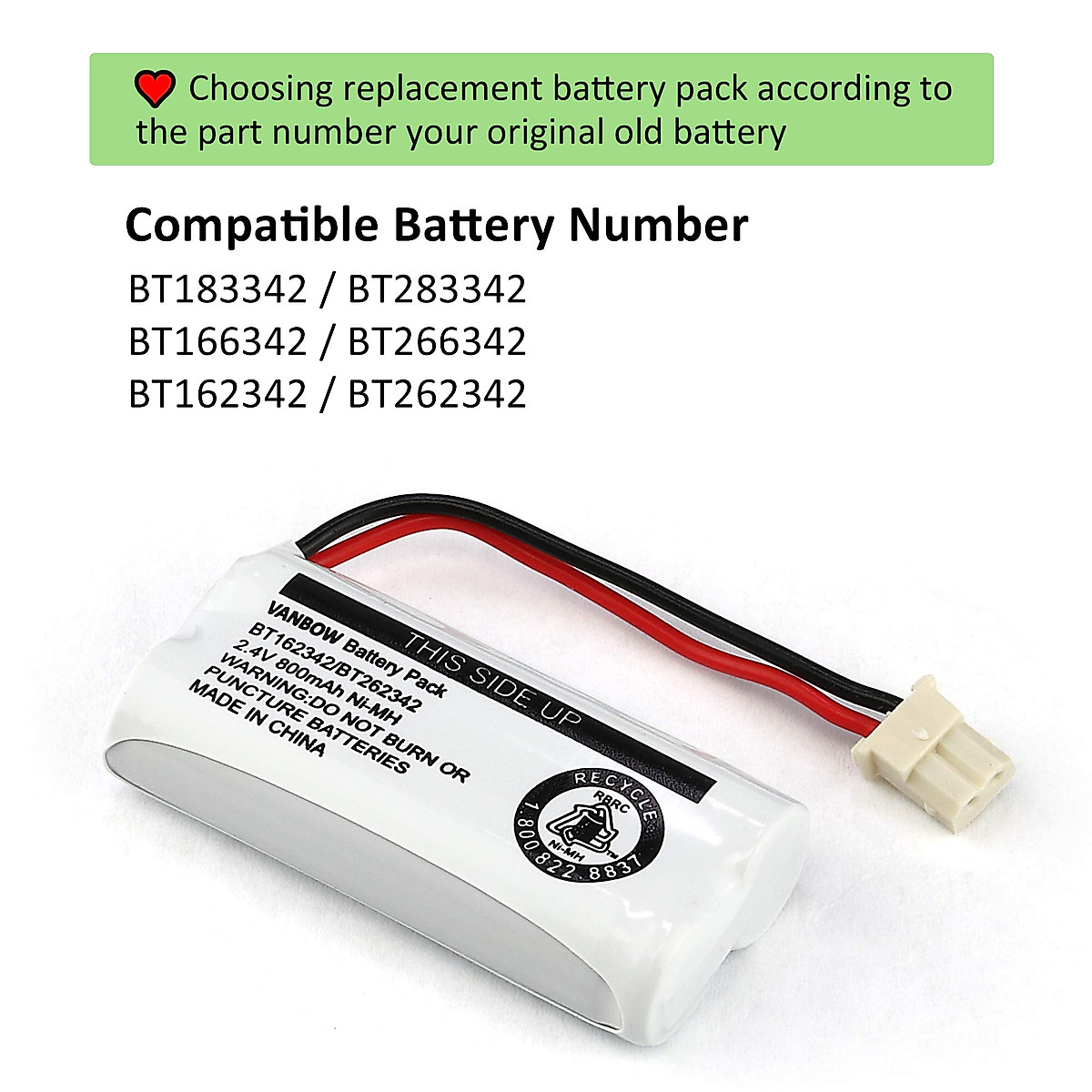 BT162342 BT262342 2.4V 800mah Ni-MH Phone Batteries Compatible with BT183342 BT283342 for VTech CS6719 CS6409 CS6419 CS6429 CS80100 AT&T CL81101 EL5210 EL52400 Handset Telephone (Pack 2)