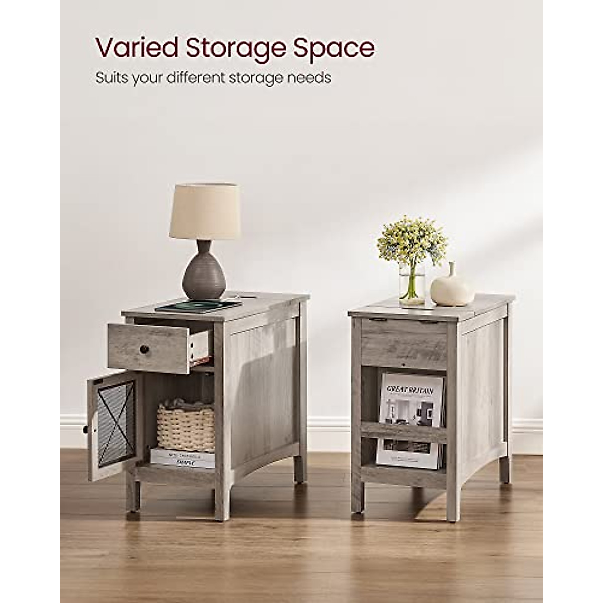 VASAGLE Side Table with Storage, End Table with USB Ports and Outlets, Nightstand with Charging Station, Drawer, Storage Cabinet, Magazine Rack, for Living Room, Bedroom, Greige
