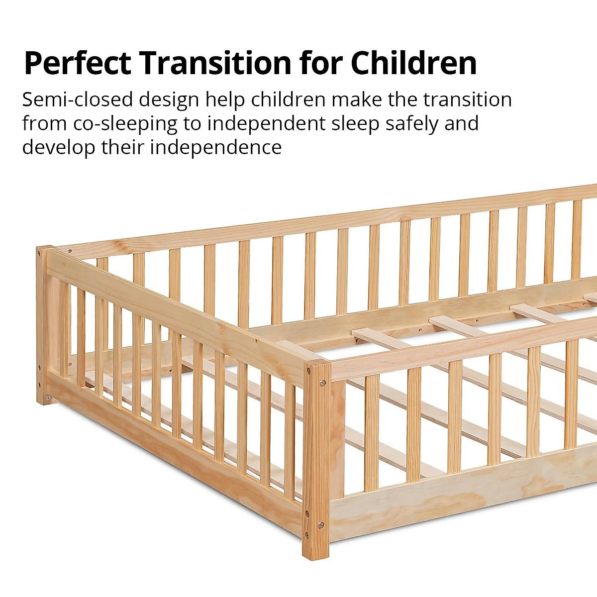 LLS Queen Floor Bed for Children, Durable Montessori Floor Bed with Wood Slats, Safety Fence & Small Door, Wood Floor Bed Frame for Girls Boys Children, Natural (with Bed Slats)