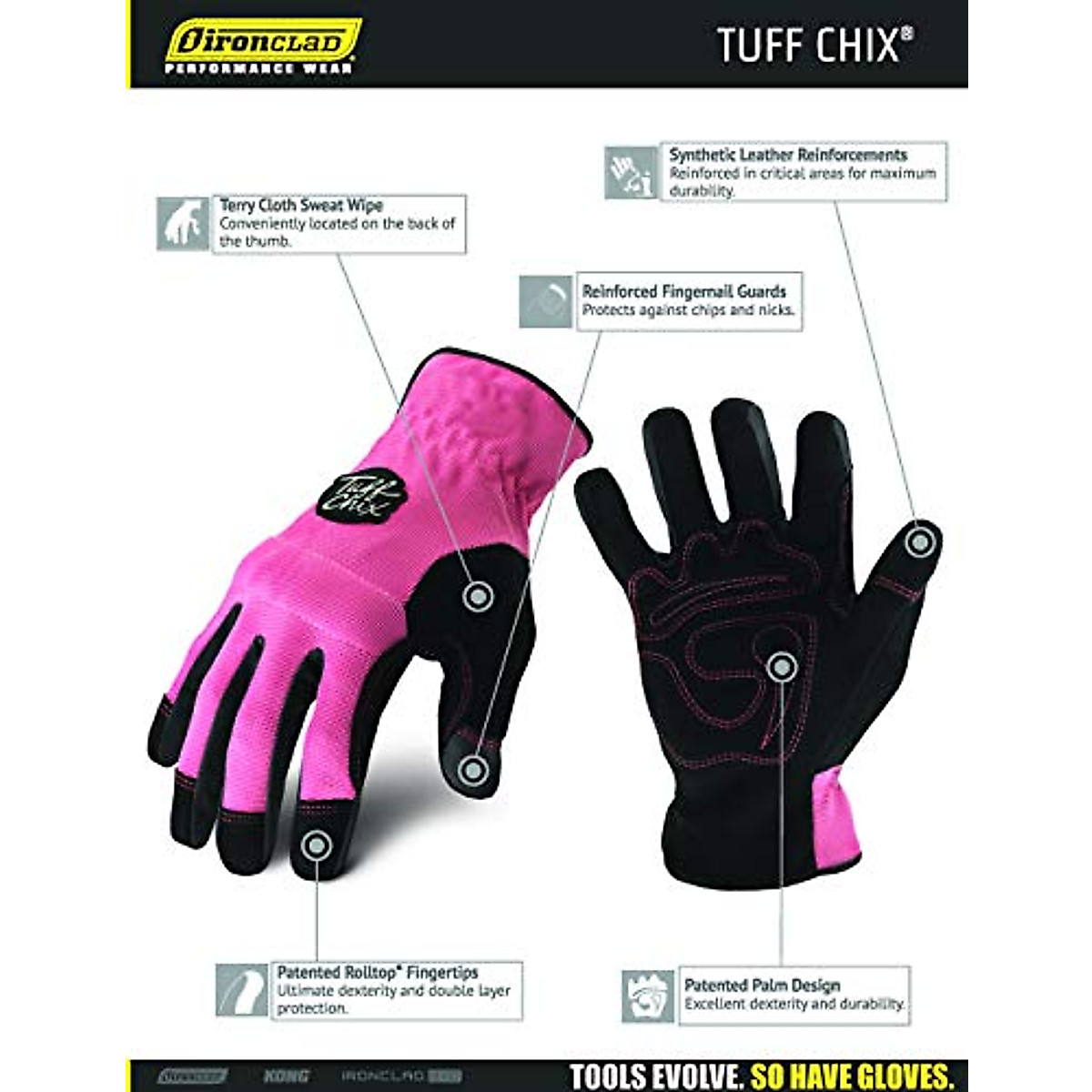 Ironclad Tuff Chix Women's Work Gloves TCX, Designed for Women's Hands, Performance Fit, Durable, Machine Washable, (1 Pair), X-LARGE Pink