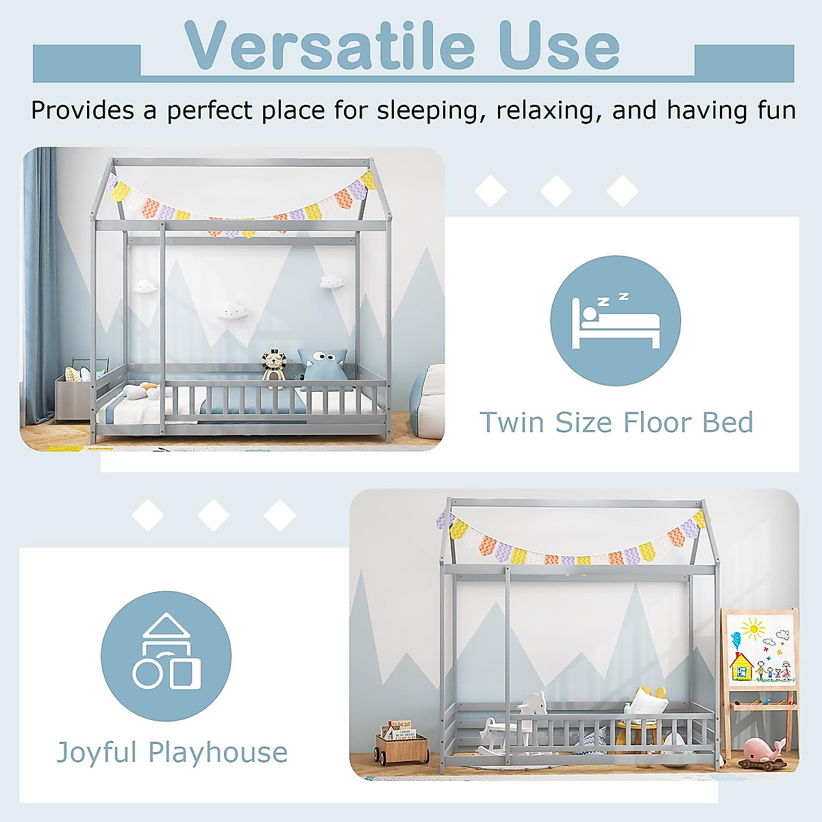 Giantex Twin Floor Bed with Fence, Wood Montessori Bed with Safety Guardrails and 80.5" High Roof Design, Without Slats, House Bed Frame, Low Floor Bed Twin for Kids, Girls, Boys (Grey)