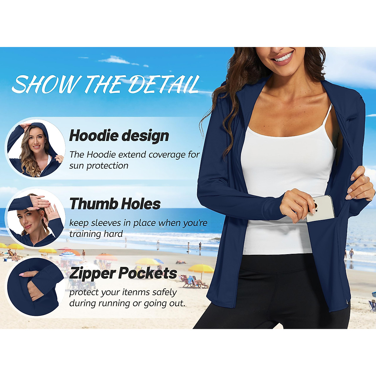 TACVASEN Sun Protection Shirts for Women UPF 50+ Full Zip Performance UV Hoodies Shirt Lightweight, White, L