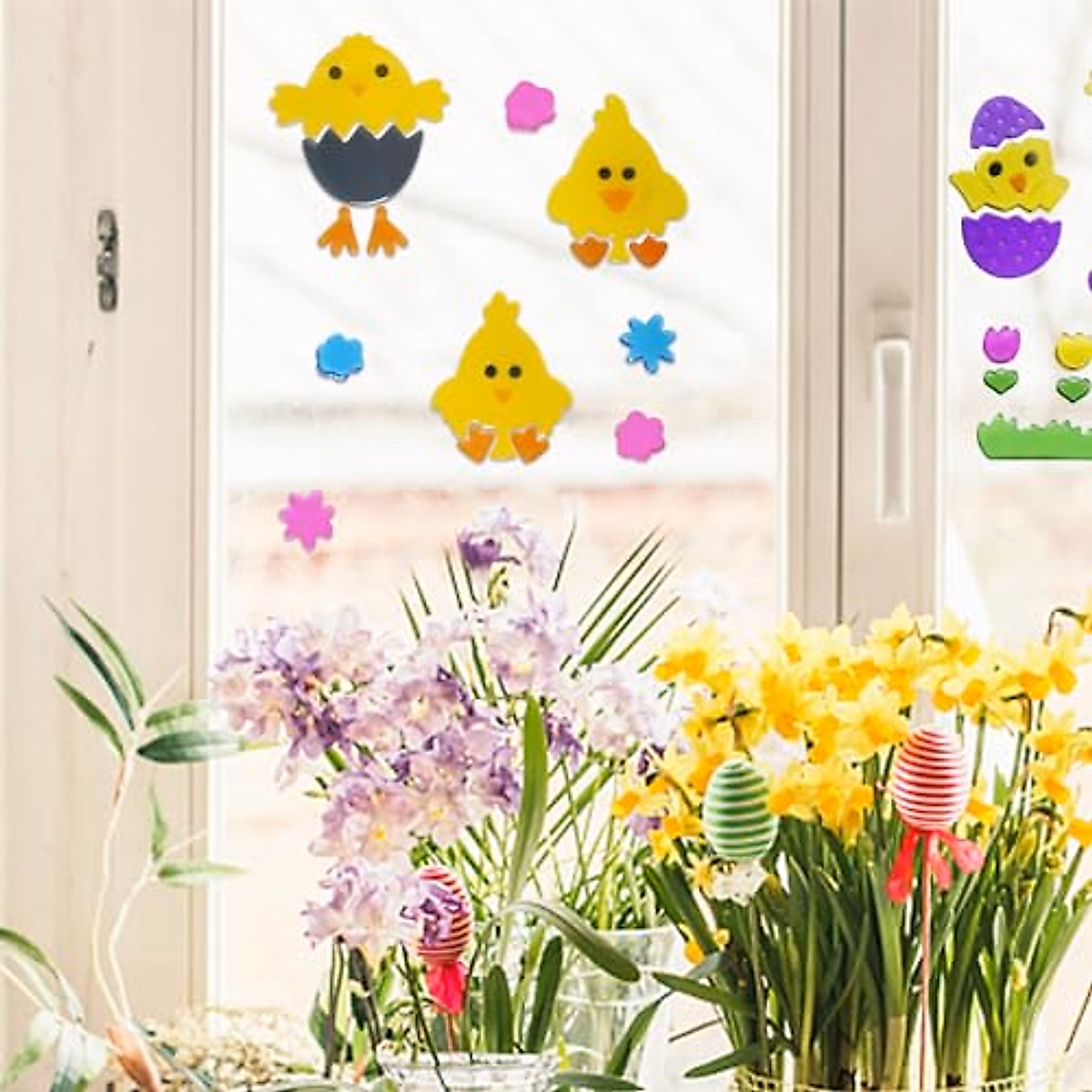 4Pcs Easter Window Clings for Glass Windows, Easter Decorative Gel Window Clings for Kids, Colorful Printed Easter Stickers with Bunny Carrot Egg Chick Flowers Clear Stickers, Removable Holiday Decals