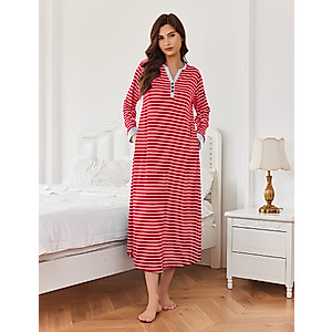 Ekouaer Women Striped Nightgown Long Loungewear Nightshirt Sleepwear with Pockets Red Stripe, X-Large