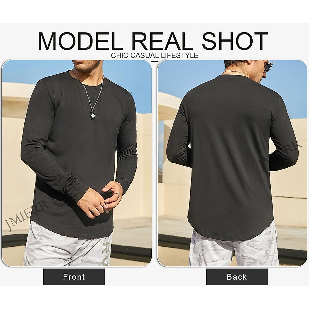 JMIERR Men's 3 Pack Cotton Hipster Hip Hop Longline Crewneck Long Sleeve T-Shirt, T Shirts for men Pack, US 40(M), Black/White/Light Pink