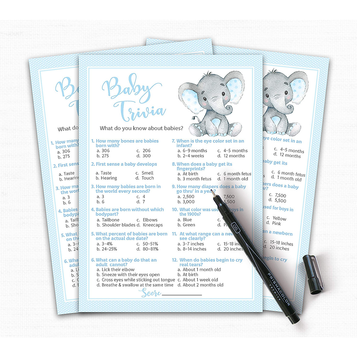 BLUE ELEPHANT Baby Shower Game — BABY TRIVIA Games — Pack of 25 — BOY Baby Shower Games, Fun Baby Facts Games, Baby Boy Shower Activity, Blue Polka Dot Baby Elephant Baby Shower Games, SKU G501-TRV