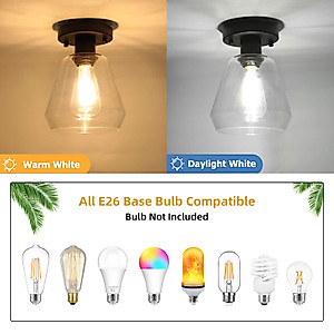 2-Pack Modern Industrial Semi Flush Mount Ceiling Light with Clear Glass Shade, Black Farmhouse Ceiling Light Fixtures for Hallway Bedroom Porch Kitchen Corridor, E26 Socket, Bulbs Not Included