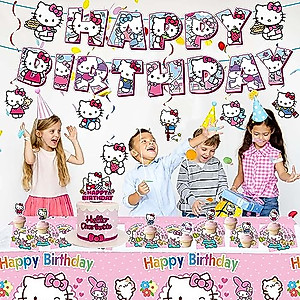 Kitty Birthday Party Supplies Include Birthday Banner, Hanging Swirl Decorations, Plates, Napkins, Tablecloth for Kitty Party Decorations, Sever 10