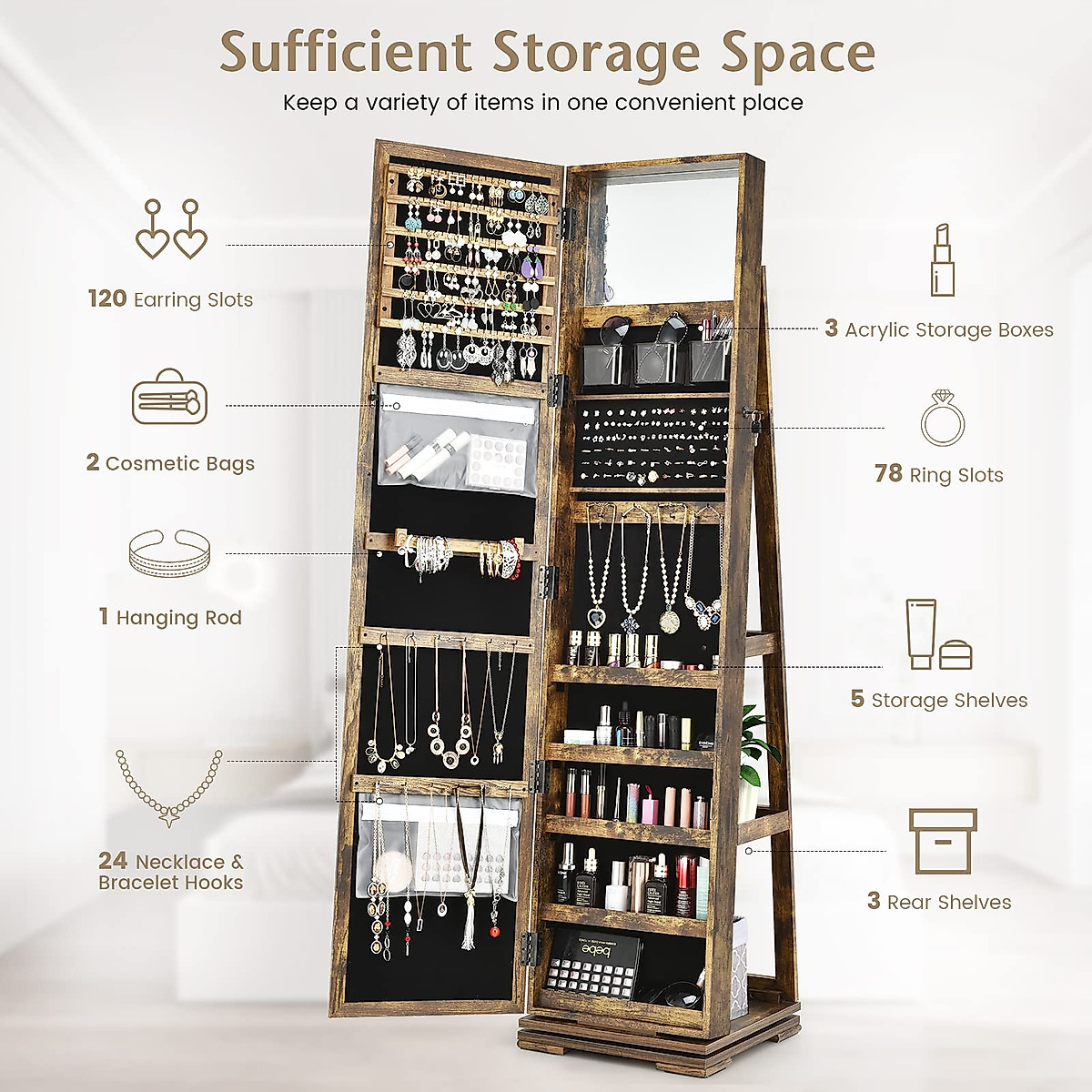 COSTWAY 360 Rotating Jewelry Armoire Cabinet, Standing Jewelry Organizer w/Full-Length Mirror & Large Storage Space, Lockable Mirror Jewelry Cabinet for Girls Women (Rustic Brown)