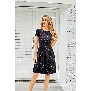 MicroStar dresses for women 2023 Slim Short Sleeve Round Neck A Line Fit and Flare Knee Length Sun Dress Black Polka Dot