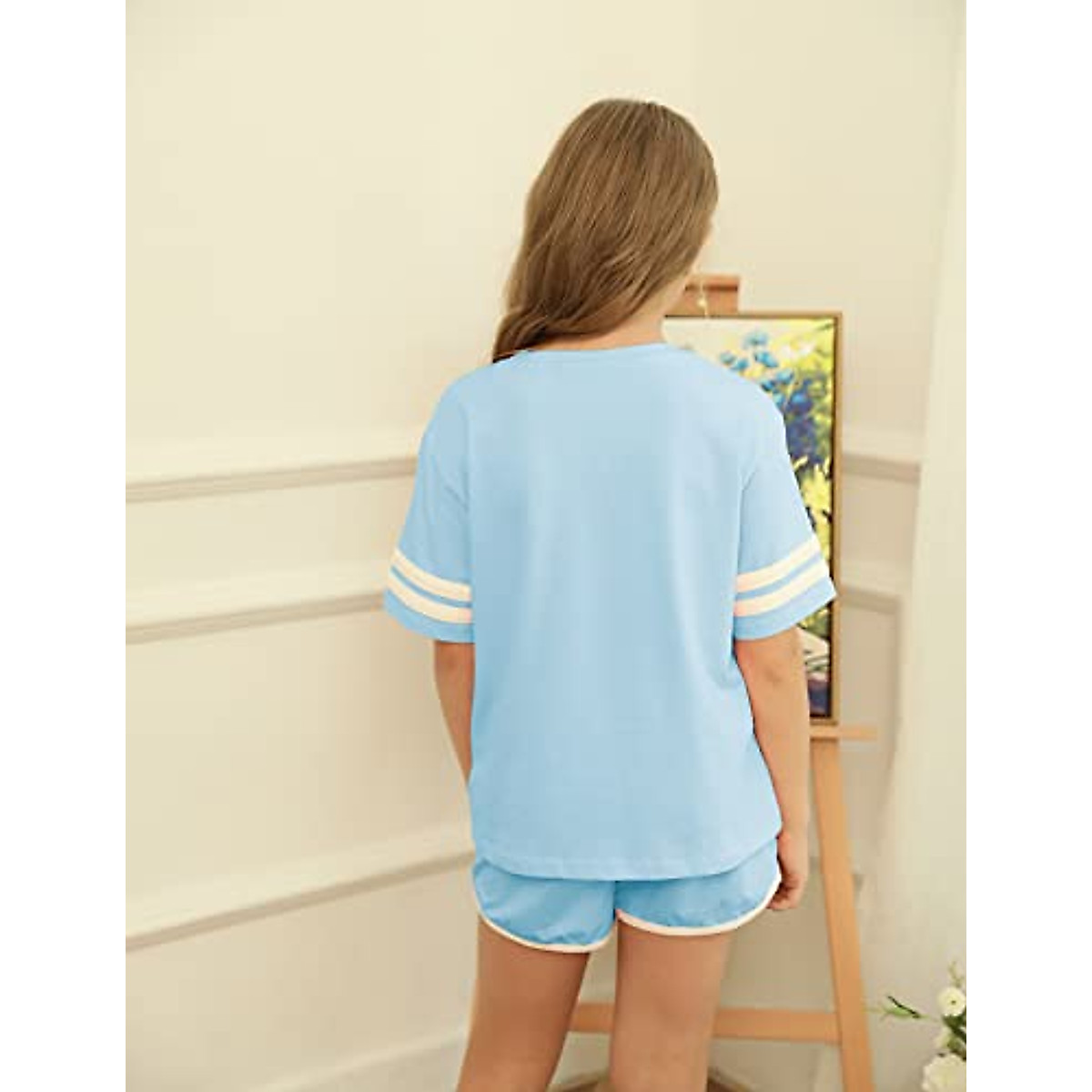 simtuor Girls Summer 2 Piece Outfit Crew Neck Striped Tops Elastic Waist Short Sets with Pockets Blue 6-18 Years