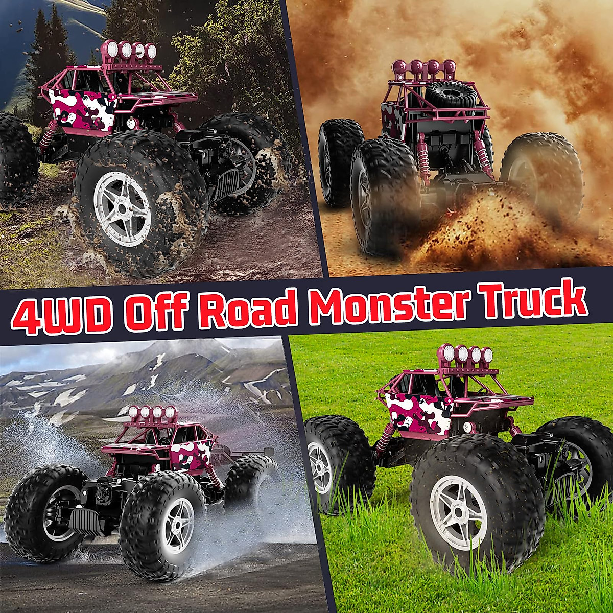 28℃ 1:14 Remote Control Truck for Adults and Kids - 4x4, 4WD Off Road Monster Truck with Metal Shell,Dual Motors,Waterproof Monster RC Truck (Red)