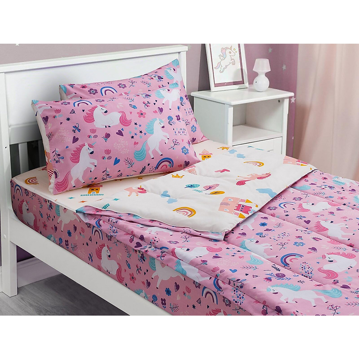 Meeting Story 3pcs Kids Comforter Sets Zipper Bedding Set for Girls,Twin Kid Bedding Set Rainbow Comforter Unicorn Bedding Set for Kid,All in one Zipper Bedding(Pink，Twin