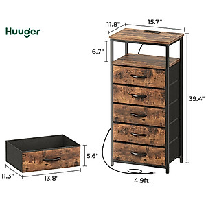 Huuger 5 Drawers Dresser with Charging Station, Dresser for Bedroom, Tall Night Stand, Chest of Drawers with Open Shelf, Bedside Table Nightstand, Fabric Dresser, for Entryway, Rustic Brown