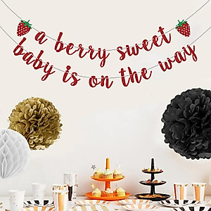 A Berry Sweet Baby is On The Way Banner, Strawberry Girl Baby Shower Party Decorations, Berry Sweet Fruits Themed Kids' First Birthday Party Supplies Red Green Glitter