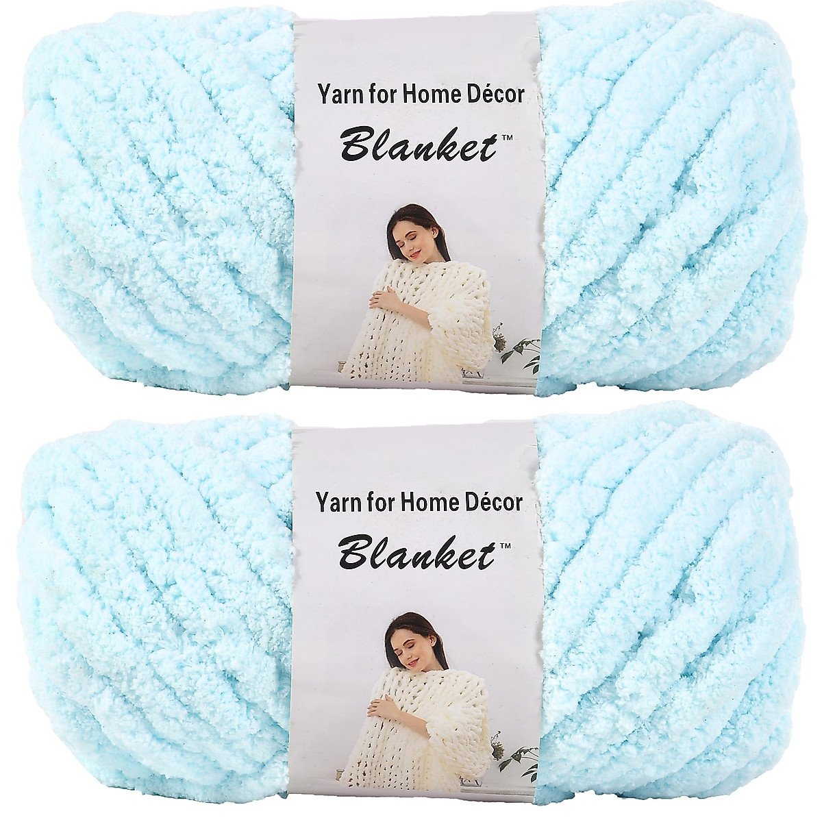 Chenille Chunky Yarn Arm Knitting Thick Bulky DIY for Knit Blanket Cushion Bed Sofa Home Decor (Light Blue, 2-Pack, 0.5kg/1.1 lb, 48 Yards)
