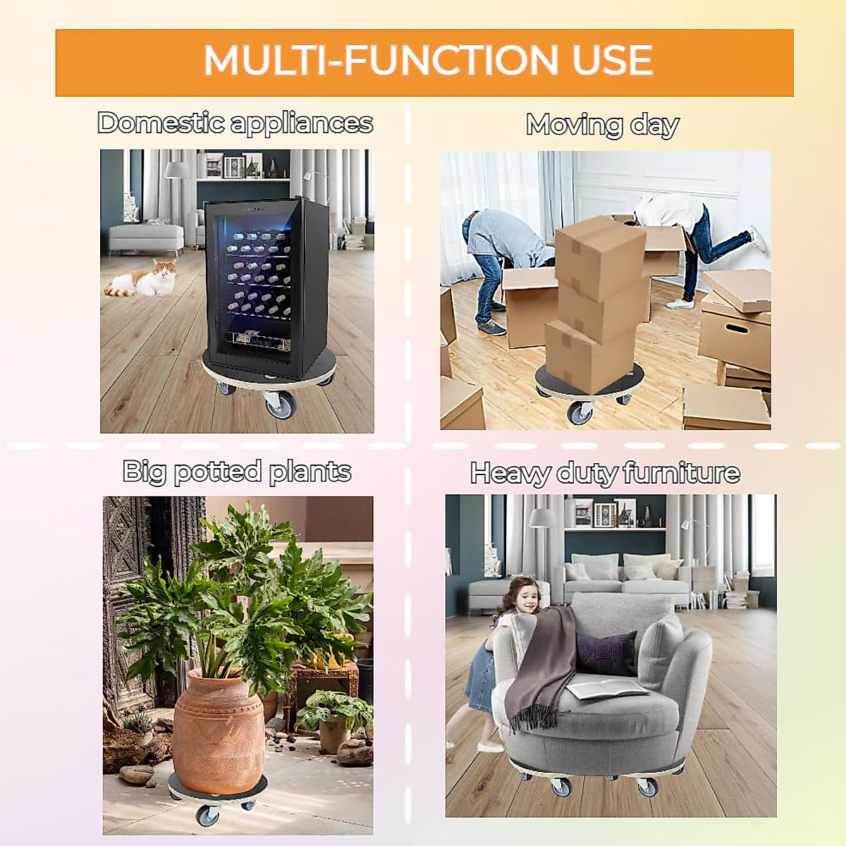 15-Inch Round Wood Platform Dolly with TPR Silent 3" Wheel, 551-lb Load Capacity Heavy Duty Wood Furniture Dolly, Multifunctional Movers Carrier,Plant Dolly, One Pack