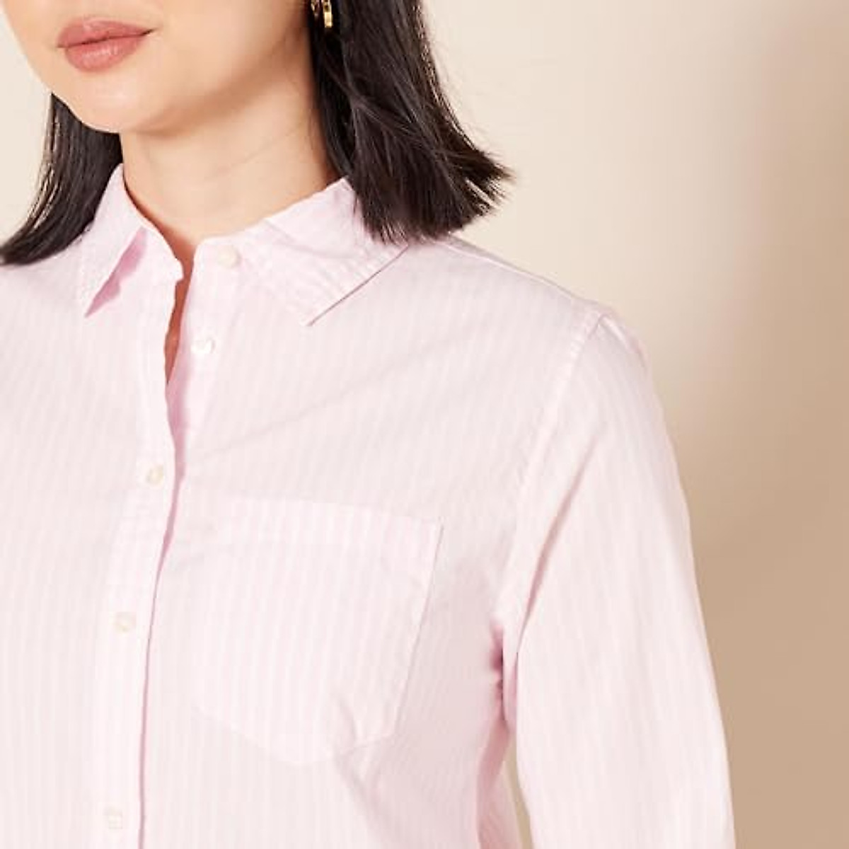 Amazon Essentials Women's Classic-Fit Long-Sleeve Button-Down Poplin Shirt, Pink Stripe, Large
