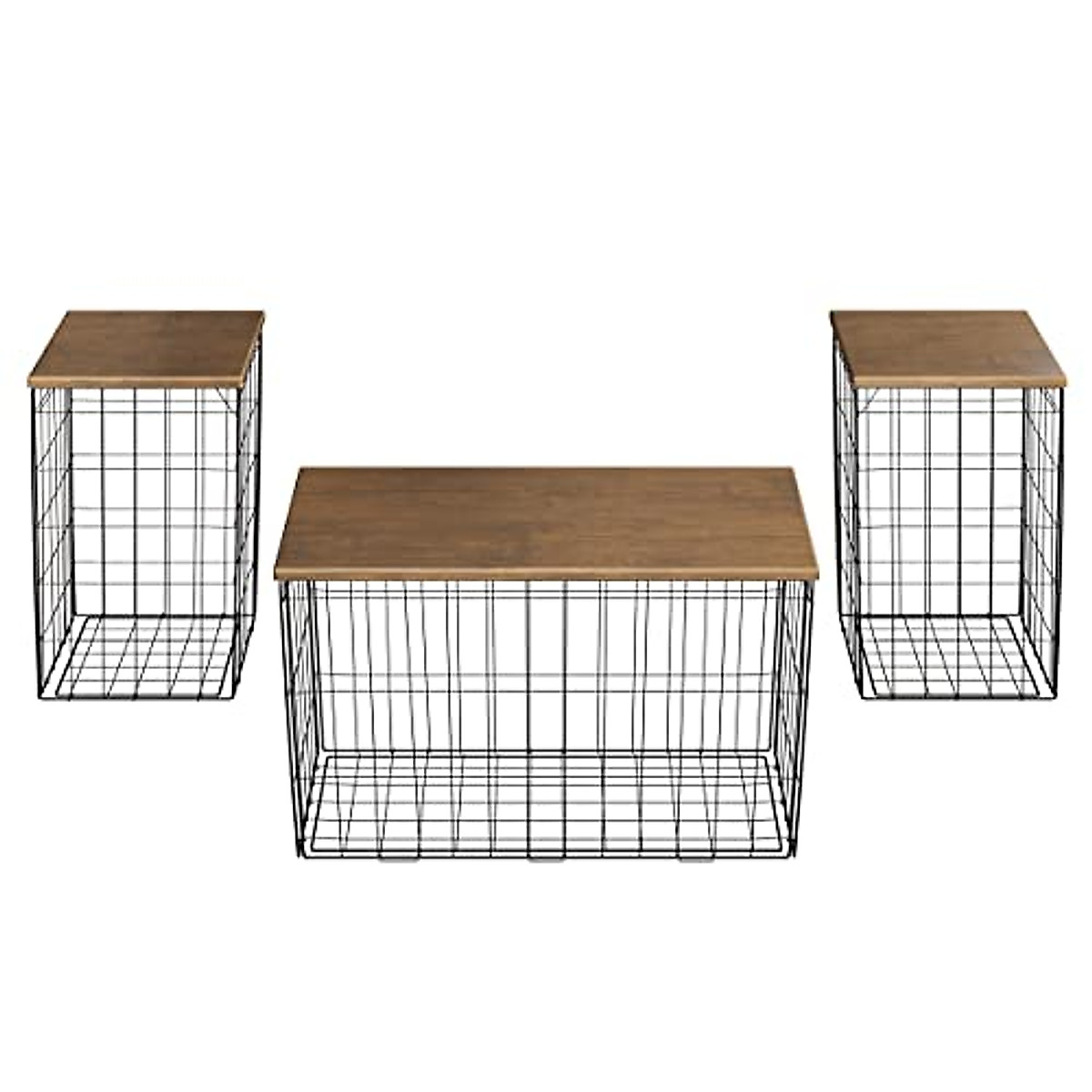 Lavish Home Set of 3 Living Room Tables - Metal Basket Storage with Removable Lids - 2 Small Side and 1 Large Accent Table (Brown/Black)