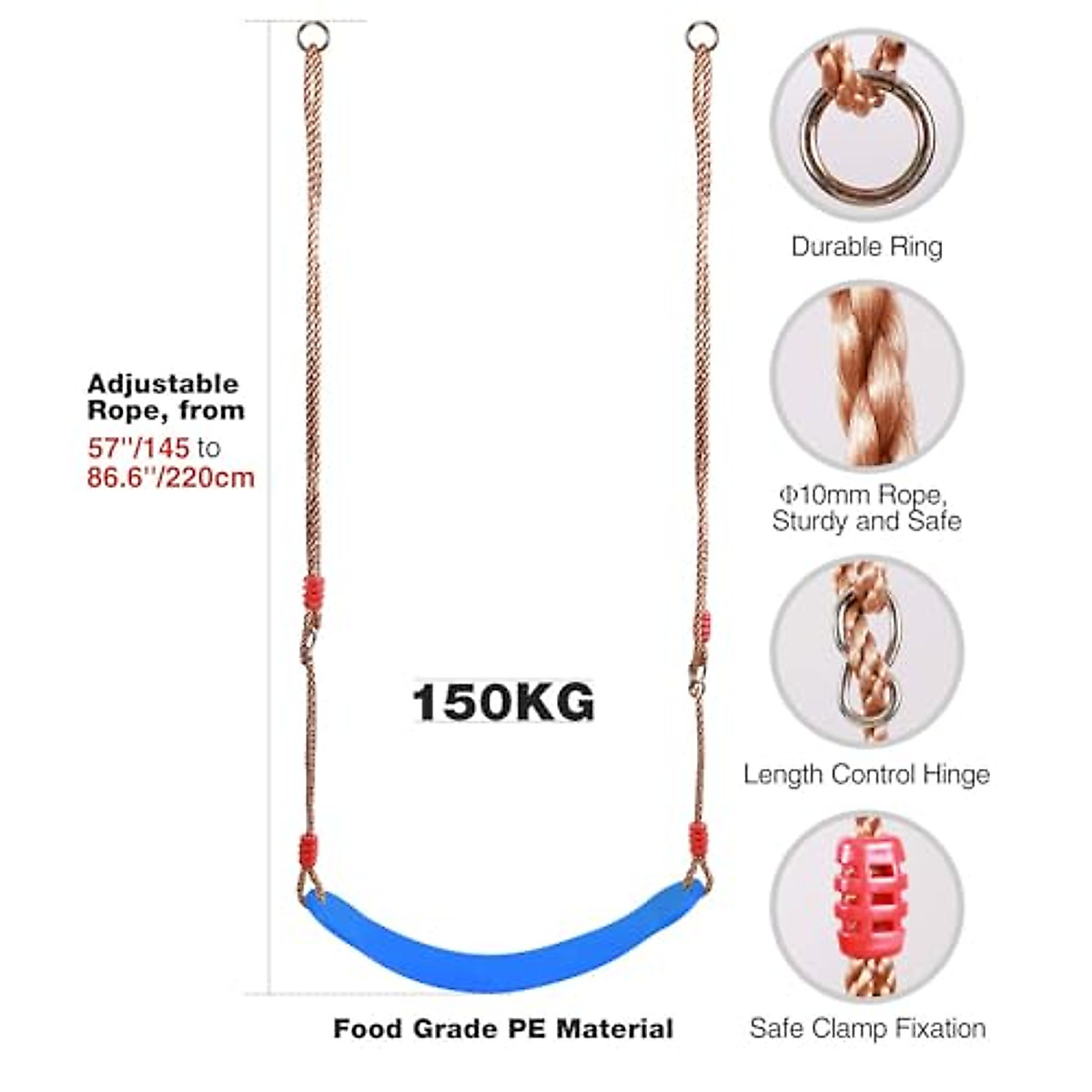 RedSwing Swing Seat for Kids outdoor with 57-86" Rope, Kids Safety Playground Swing Seat Replacement, Belt Swing, Heavy Duty, Blue 1 Pc