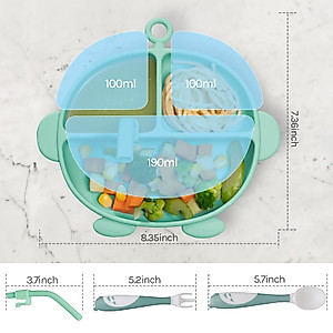 Qishare Silicone Suction Plates for Babies & Toddlers - Strong Suction Grip Divided Dish - Self Eating Utensils Set with Straw, Fork, Spoon for Kids - Dishwasher-Safe Toddler Plates (Green)