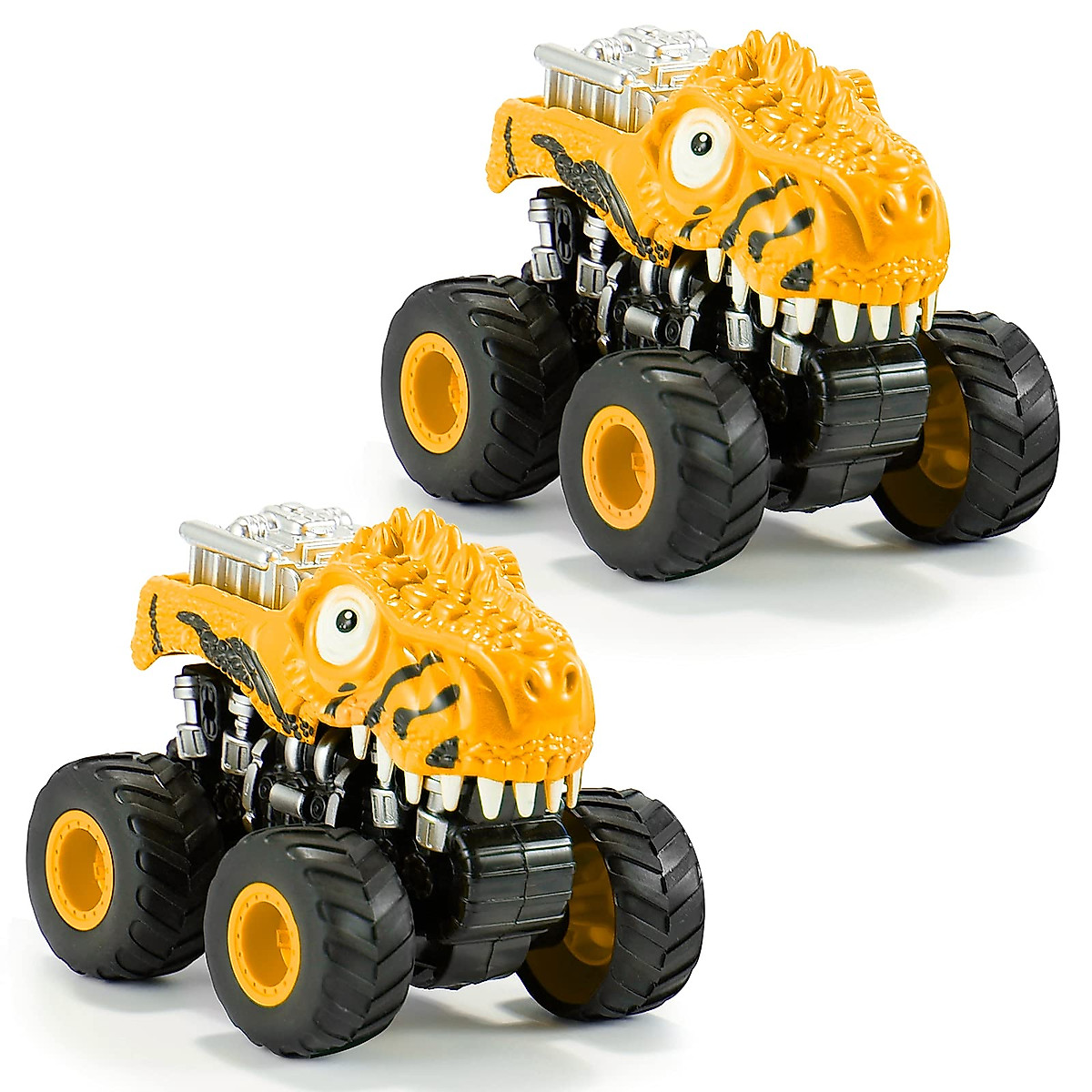 Henoda Dinosaur Toys Pull Back Cars, 2 Pack Monster Truck for 3+ Year Old Boy, Educational Push and Go Friction Powered Cars, Easter Birthday Gifts for 3 4 5 6 Year Old Boys Girls(Yellow)