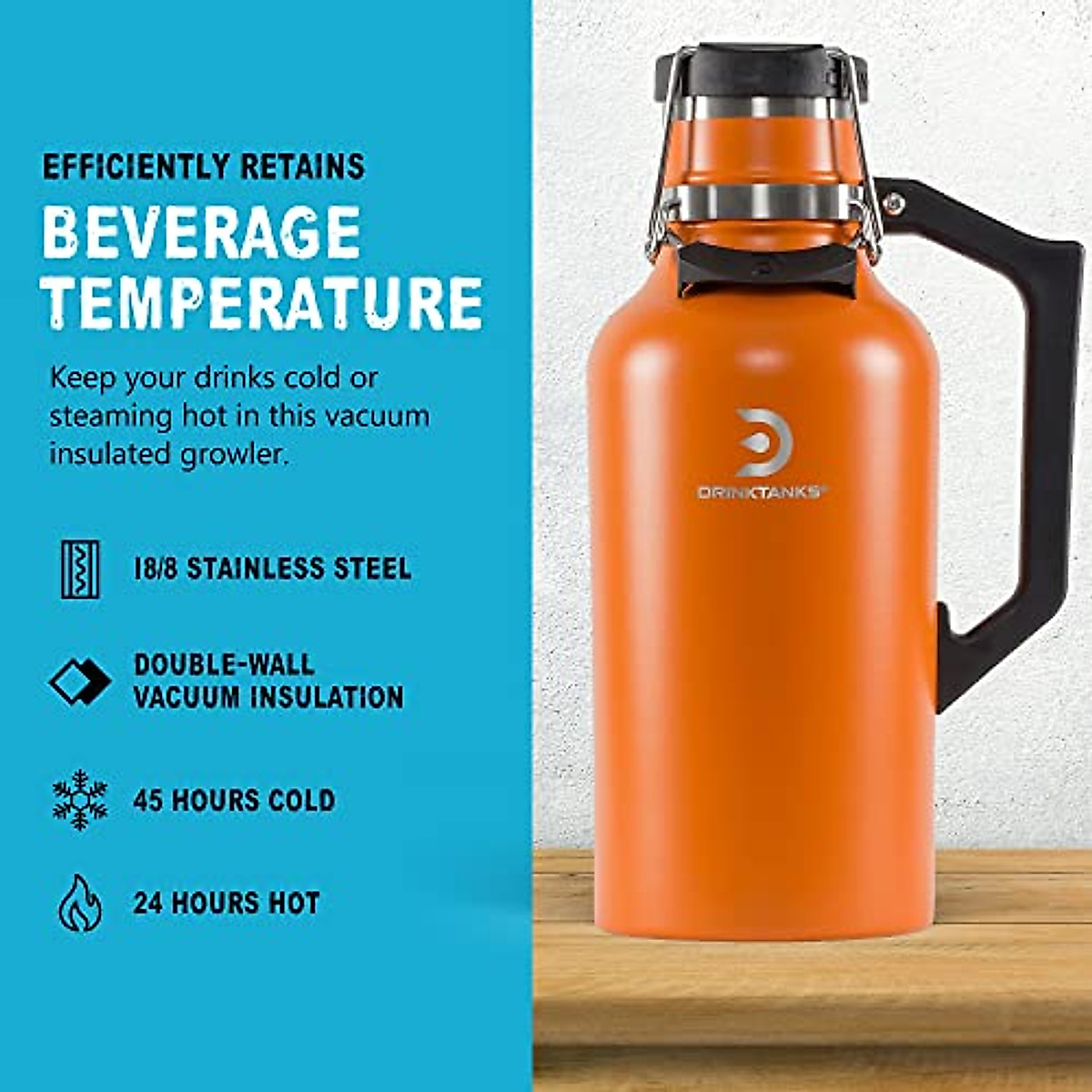 DrinkTanks Craft Growler, Passivated Stainless Steel Growlers for Beer, Leakproof and Vacuum Insulated Beverage Tumbler, Easy-to-Use Soda, Wine, or Coffee Tumbler with Handle, Moab, 64 Oz