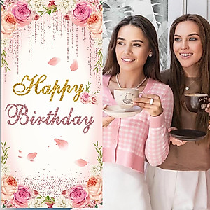 Rose Gold Birthday Door Banner Decorations, Pink Flower Happy Birthday Door Cover Sign Party Supplies for Women Girls, 16th 21st 30th 40th 50th 60th Birthday Photo Booth Background Decor