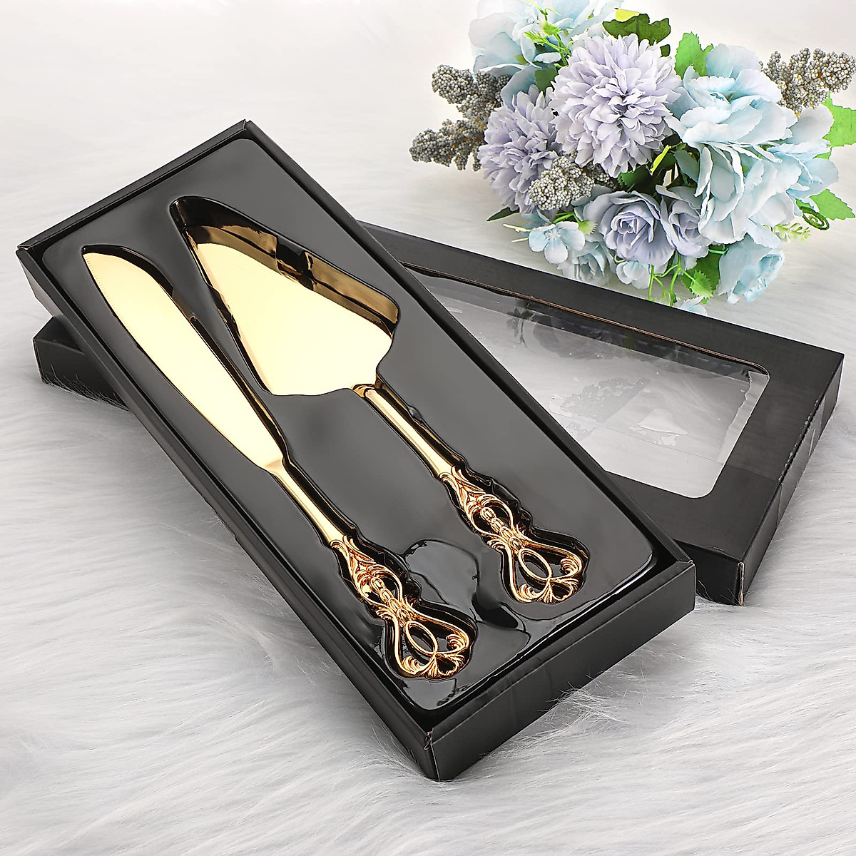 BSTKEY Gold Cake Knife and Server Set, Cake Pie Pastry Servers Crown Shape Handle Vintage Cake Serving Set for Wedding Birthday Parties Anniversary Christmas and Events