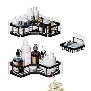 ZHOHO TANT Corner Shower Caddy 3 Pack Corner Shower Shelf with Adhesive Hooks and Soap Holder Stainless Steel Shower Organizer Corner Shelf Rack for Bathroom Storage(Black)