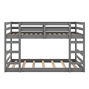 Bellemave Full Over Full Low Bunk Bed, Solid Wood Floor Bunk Bed with Ladder, for Toddlers Kids Boys Girls (Gray)