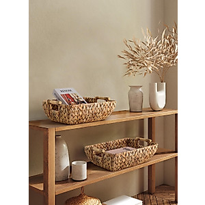 Water Hyacinth Storage Baskets with Wooden Handles，Large Wicker Baskets for Organizing Set of 2