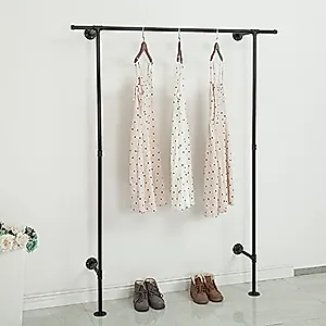 FODUE Industrial Pipe Clothes Rack, Wall Mounted Black Pipe Garment Bar, Multi-Purpose Hanging Rod for Closet Storage(Black)