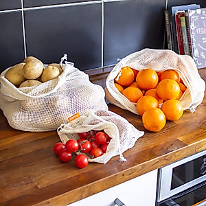 17 Reusable Cotton Mesh Produce Bags - 100% Organic Cotton, Durable, Double Stitched, Washable with Tare Weight & Drawstring - Mesh Bags for Grocery Shopping, Vegetables & Fruits, produce bgs 4 sizes