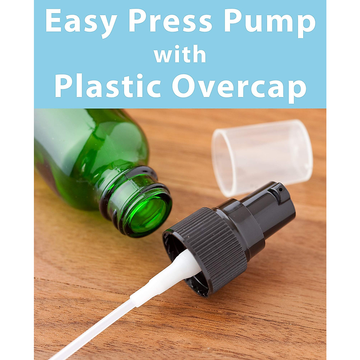 1 oz / 30 ml Green Glass Boston Round Bottle with Black Treatment Pump (12 Pack) + Clear Travel Bag and Funnel