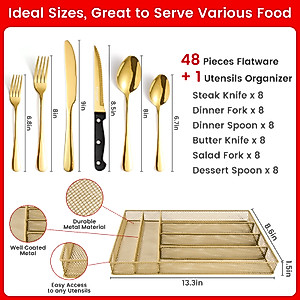 48 pcs Gold Silverware Set with Organizer, Stainless Steel Flatware with Steak Knife for 8, Kitware Utensil Cutlery with Metal Tray, Home Kitchen Knife Fork Spoon, Mirror Polished