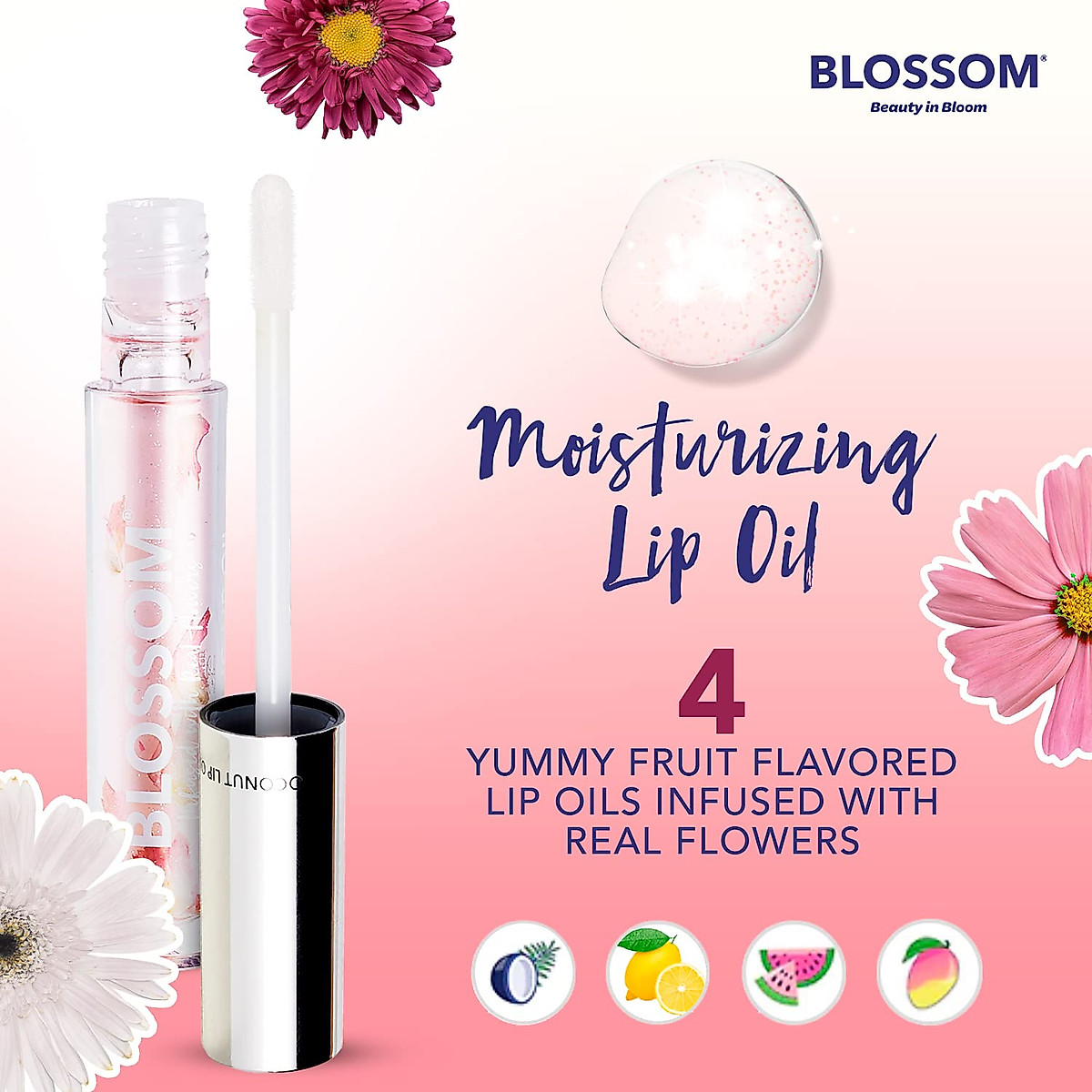 Blossom Moisturizing and Hydrating Shimmer Sparkle Lip Oil with Olive Oil + Grape Seed Oil, Infused with Real Flowers, 3g, Watermelon