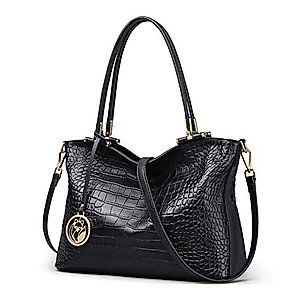 Black Leather Satchel Handbags for Women, Genuine Leather Crocodile Pattern Ladies Alligator Top-handle Bags with Adjustable Shoulder Straps Women's Tote Purses and Handbags Womens Casual Carryalls