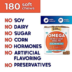 Omega 3 Alaskan Fish Oil Treats for Dogs (180 Ct) - Dry & Itchy Skin Relief + Allergy Support - Shiny Coats - EPA&DHA Fatty Acids - Natural Salmon Oil Chews Promotes Heart, Brain, Hip & Joint Support