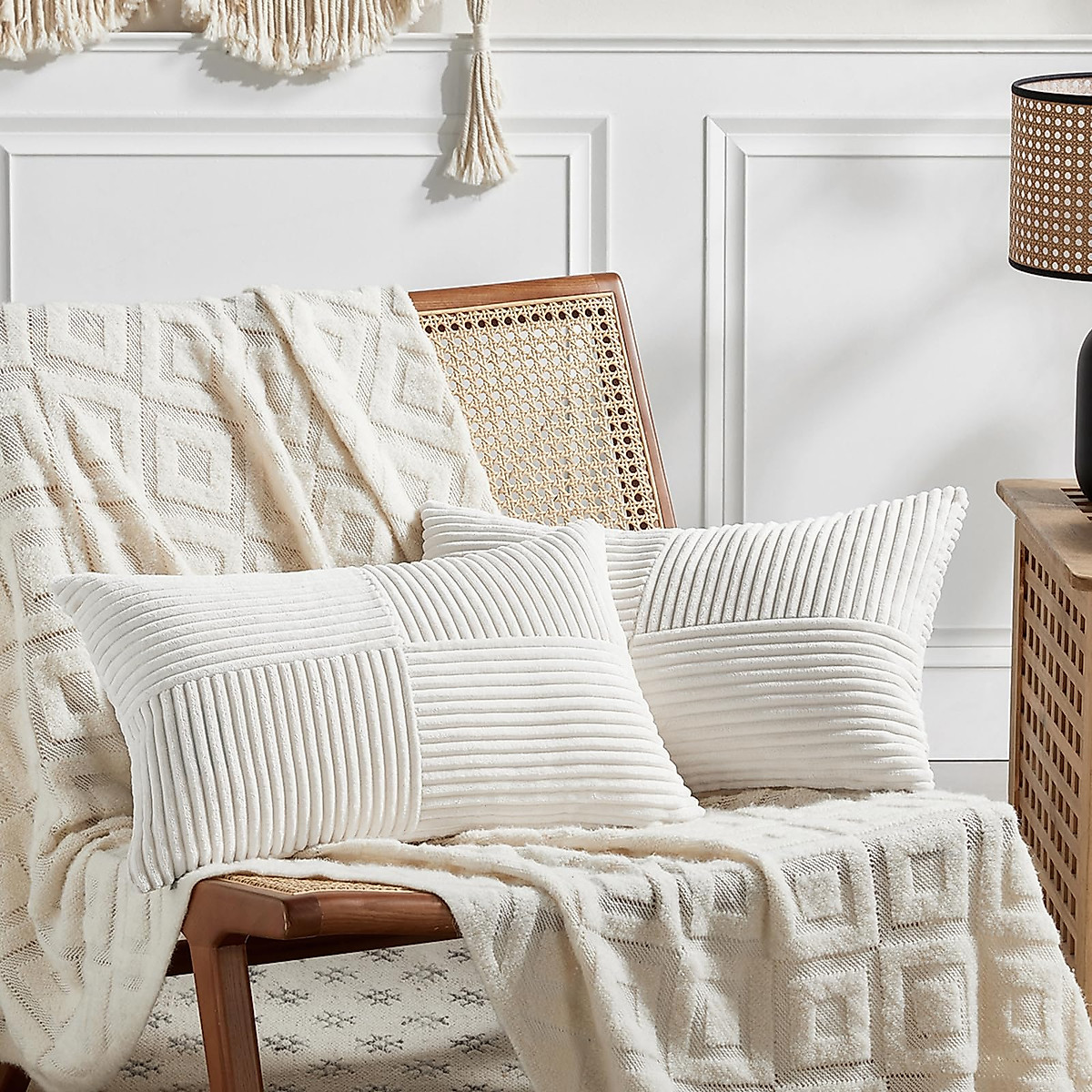 Fancy Homi 2 Packs Cream White Lumbar Decorative Throw Pillow Covers 12x20 Inch for Couch Bed Sofa, Rustic Farmhouse Boho Home Decor, Soft Striped Corduroy Rectangle Accent Cushion Case 30x50 cm