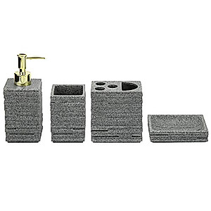 MyGift 4 Piece Gray Bathroom Accessories Set, Modern Stone Style Bath Decor Countertop Organizers Includes Brass Tone Lotion/Liquid Soap Dispenser Pump, Toothbrush Holder, Tumbler, and Soap Dish